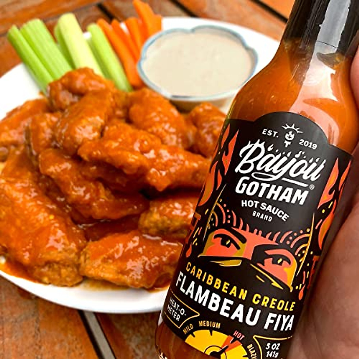 Bayou Gotham Hot Sauce - FLAMBEAU FIYA Caribbean Creole - Scotch Bonnet, Guava, Ginger, Caribbean Spices Condiment - All Natural, Vegan, Gluten Free, Low Sodium, Small Batch, Award Winning Craft Hot Sauce - 5oz