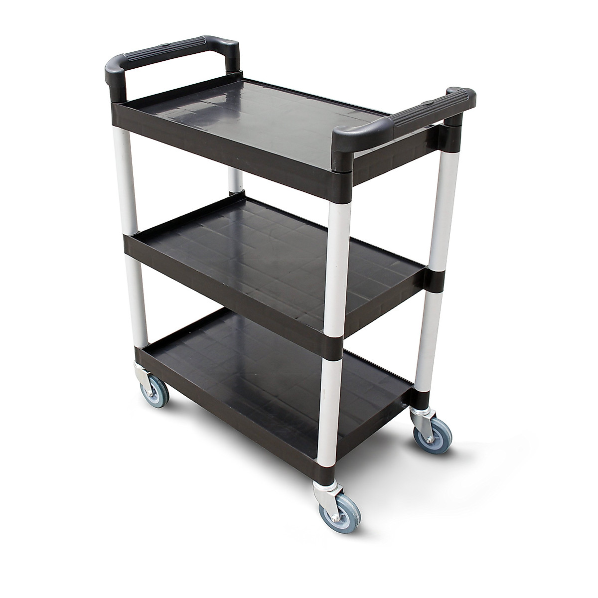 New Star Foodservice 54538 250-Pound Plastic 3-Tier Utility Bus Cart with Locking Casters, 32" x 16" x 38", Black