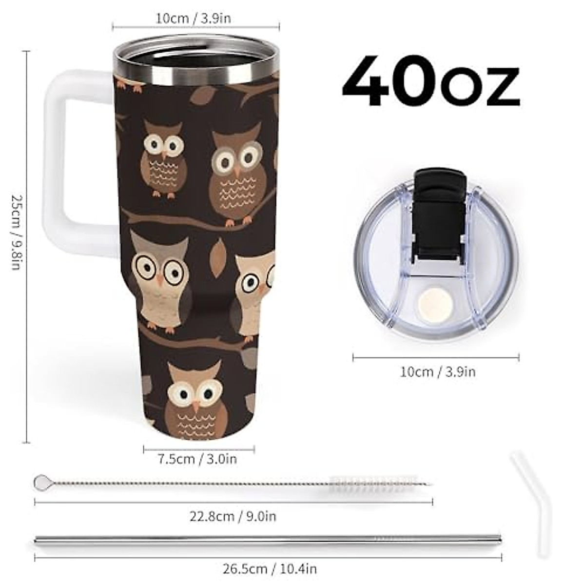 LLUTSNTH 40 Oz Vacuum Tumbler with White Handle Leakproof Insulated Tumbler Cute Brown Cartoon Owls Stainless Steel Travel Mug with Lid And Straw Coffee Cup Cute Water Bottles Cup Holder Friendly