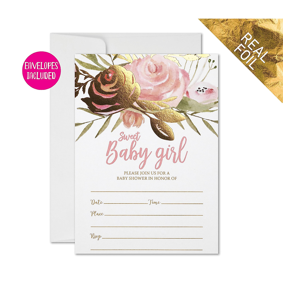 All Ewired Up 50 Baby Shower Invitations, Real Gold Foil Pink Blush Sweet Baby Girl Shower Invites and Envelopes (Large Size 5x7) Floral Roses Greenery Stunning Design