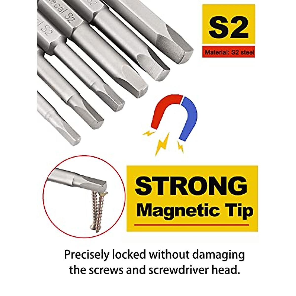 Rocaris 6 pcs 1/4 Inch Hex Shank Long Magnetic Square Head Screwdriver Bits Set Power Tools SQ1, SQ2, SQ2.7, SQ3, SQ4, SQ5 For Poket Hole Jig- 2 inch Length