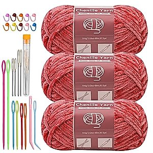 LUNARM 3 * 100g Chenille Yarn, Yarn for Crocheting Knitting with Big Eye Needles, Handcrafts Weaving Soft Chenille Yarn for Making Blankets, Clothes, Pattern Knitting Creations (Wine Color)