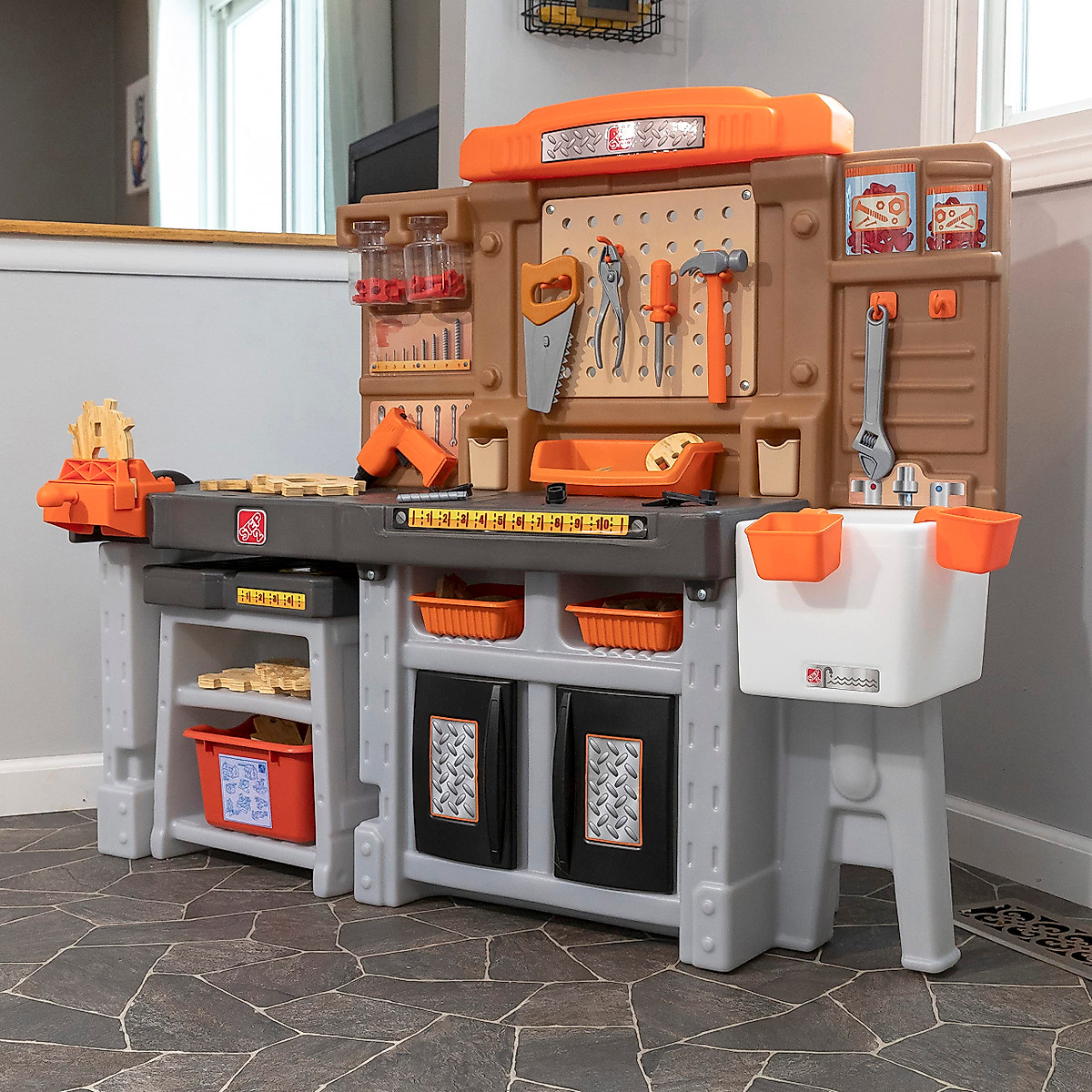 Step2 Pro Play Kids Workshop with Utility Bench, Indoor/Outdoor Tool Bench for Children, Interactive Play with Sounds, Made of Durable Plastic, Includes 76 Piece Toy Accessories, Toddlers 3+ Years Old