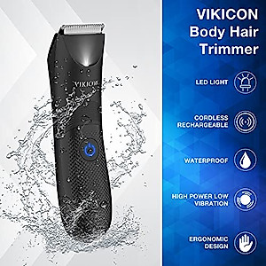 Electric Body Trimmer and Shaver for Men, VIKICON Body Groomer for Groin&Ball w/Light, Pubic Hair Trimmer Replaceable Ceramic Blade IPX7 Waterproof Wet/Dry, Lightweight Male Razor USB Type-C Charging