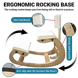 CHIESMA Ergonomic Kneeling Chair with Back Support, Adjustable Height Wooden Kneeling Chair - Improve Posture with an Angled Seat, Rocking Knee Posture Chair with Cushion for Home,Office, Ivory