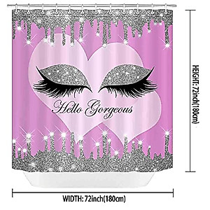 Dia Magico 4PCS Eyelash Shower Curtain Set, Hello Gorgeous Bling Silver Drips Glitter Eyeshadow Pink Heart Makeup Glam Modern Fashion Girl Bathroom Decor Fabric Purple Shower Curtain Non-slip Bath Mat