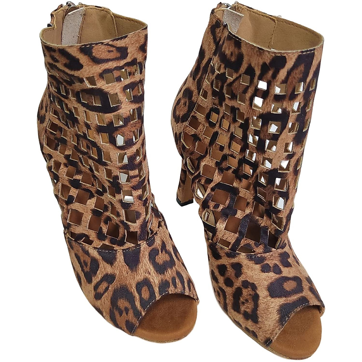 Beinimira Womens Hollow Out Latin Dance Shoes Peep Toe Mid Heel Leopard Boots Tango Latin Ballroom Chacha Leopard US 8.5