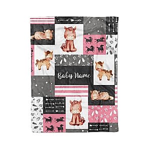 Ruby Star Personalized Baby Blanket for Girl, Cozy Plush Fleece Blanket, Custom Baby Name, Includes Baby Onesie and BIB, Bankets for Kid (Horse Woodland) Full
