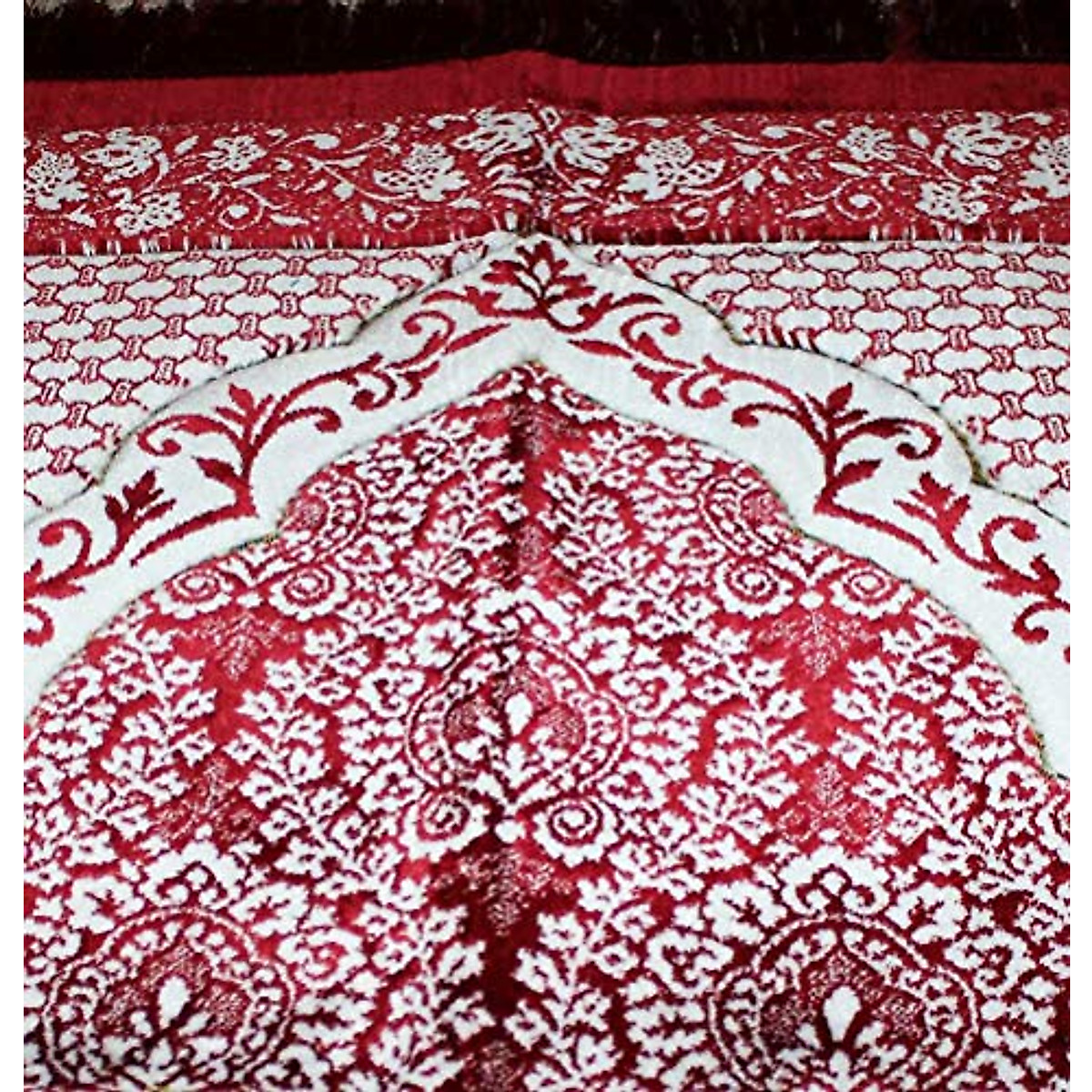 Modefa Turkish Islamic Prayer Rug - Soft & Plush Velvet Praying Carpet - Traditional Muslim Prayer Mat - Muslim Janamaz Sajada - Ramadan or Eid Gift - with Kufi Prayer Cap - Floral Ipek (Red)
