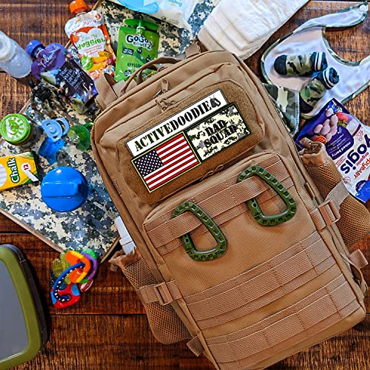 ActiveDoodie Dad Diaper Bag for Men with Camo Changing Pad, USA Dad Squad Patches, Diaper Bag for Dad, Coyote Brown