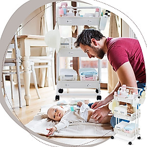 Tanlade Baby Diaper Cart Organizer 3 Tier Diaper Caddy Organizer with Wheels Baby Diaper Storage Organizer Nursery Cart Diaper Caddy with Baskets Hanging Cups Sticker for Crib Changing Table, White