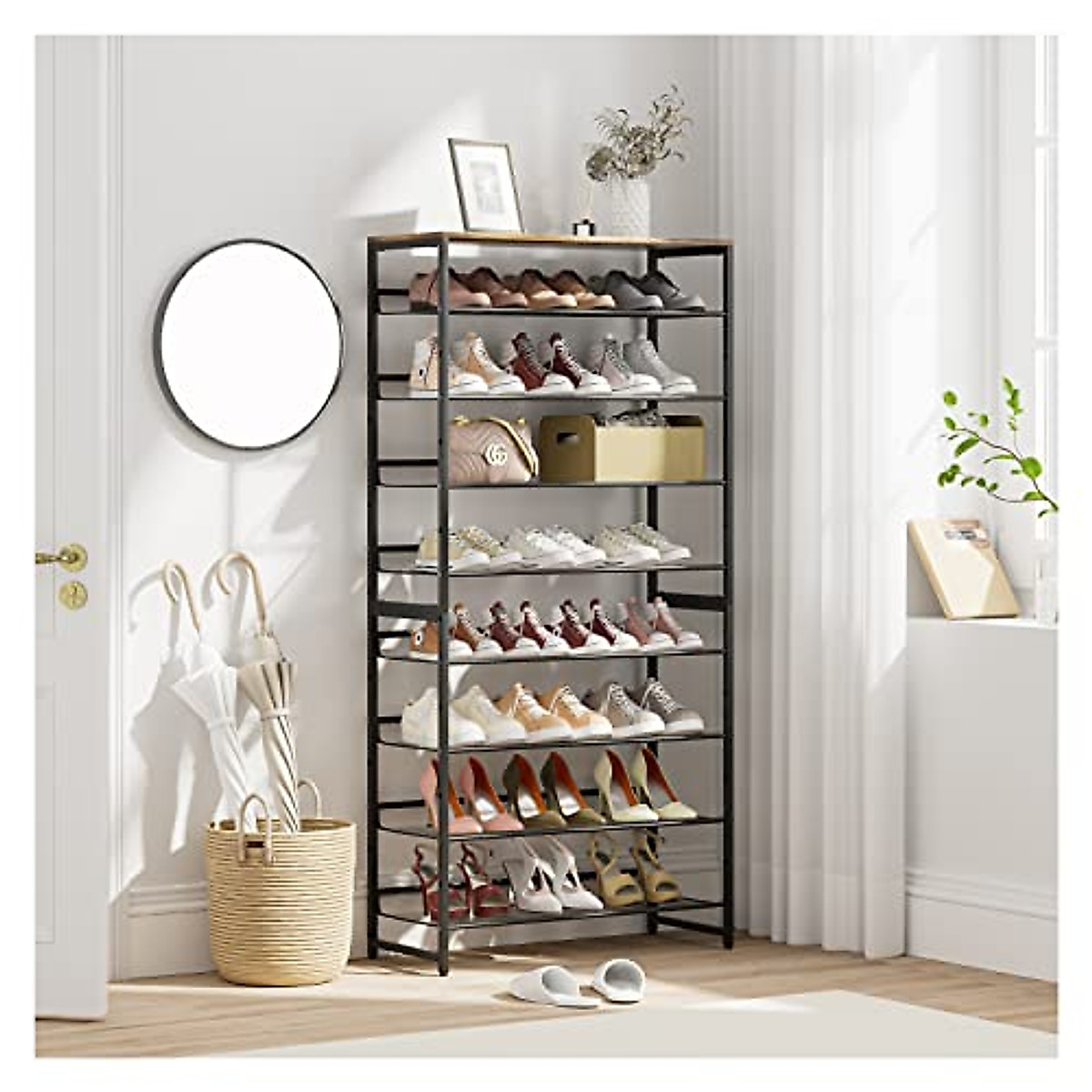 AEPOALUA Shoe Rack, 9-Tier Shoe Organizer, Tall Shoe Storage for Entryway, Closet, Garage, Large Shoe Rack Storage Organizer, Set of 2 5-Tier add 4-Tier Stackable Shoe Shelf, Industrial, Rustic Brown
