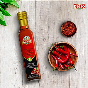 BASSO 1904 - Spicy Chili Oil, Infused Premium Extra Virgin Olive Oil, 8.5 Fl Oz (250 ml), Drizzle, Cooking, Dipping, Dressing, and Tasting