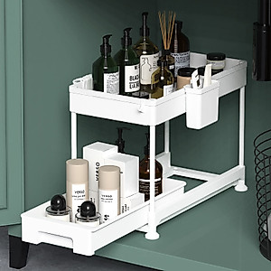 SPACELEAD Under Sink Organizers and Storage, Under Sliding Cabinet Basket Organizer, 2 Tier Under Sink Storage for Bathroom Kitchen with Hooks, Hanging Cup, The Bottom Can Be Pulled Out White