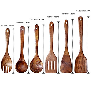 Wooden Kitchen Utensil Set Uncoated Dishwasher Safe Bamboo Cooking Utensils Set with Holes, Organic Teak Wooden Spoons for Cooking (Dark Brown)