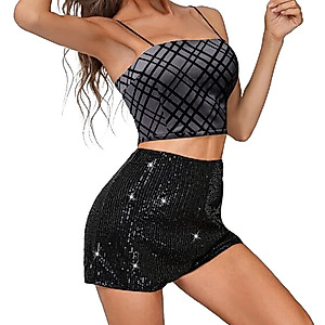 Sequin Shorts for Women High Waist Elastic Sparkly Straight Leg Short Glitter Sparkle Hot Pants Solid Party Black