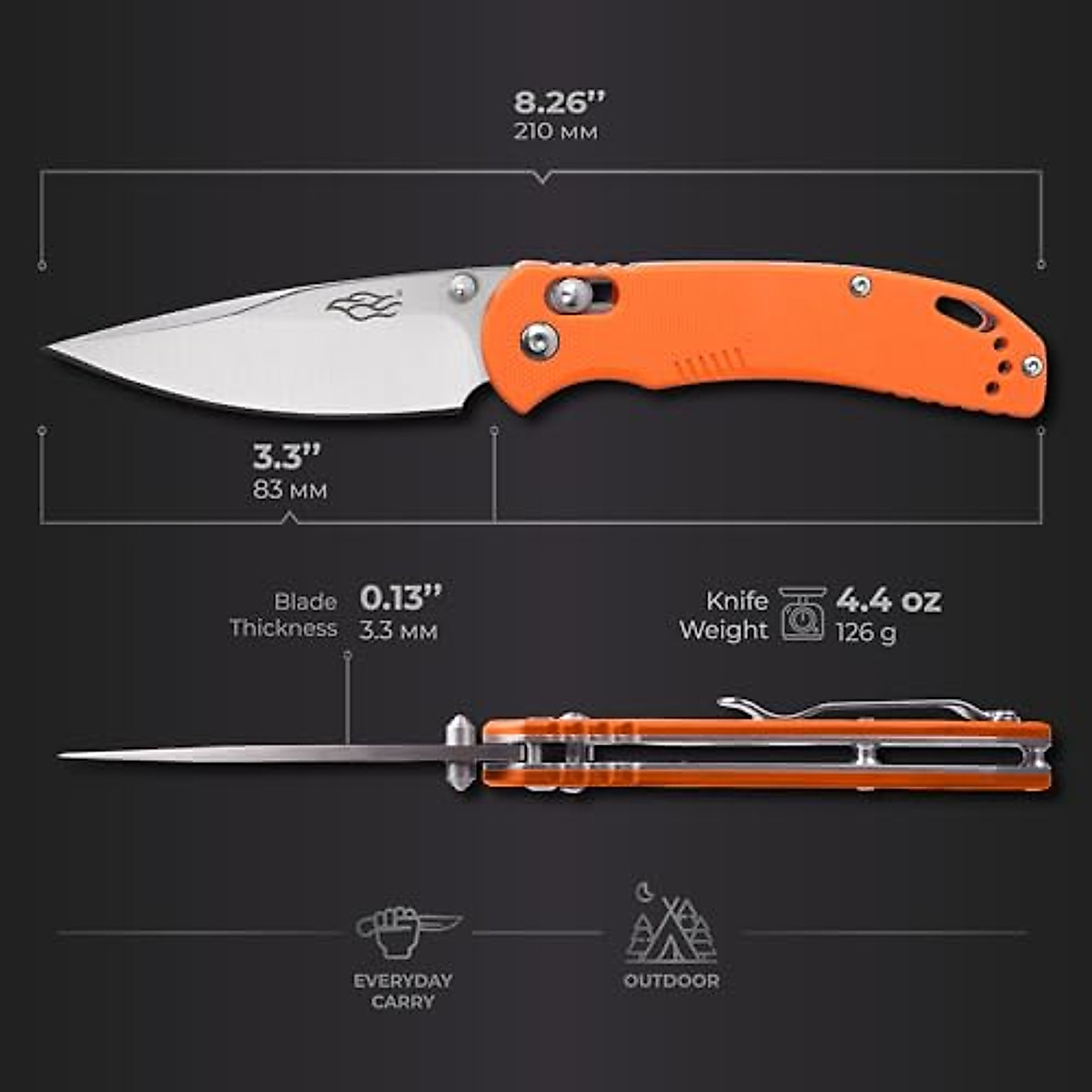Firebird GANZO F753M1 Pocket Folding Knife G-10 Anti-Slip Handle with Clip 440C Stainless Steel Blade Camping Fishing Outdoor Folder EDC Knife (Orange)