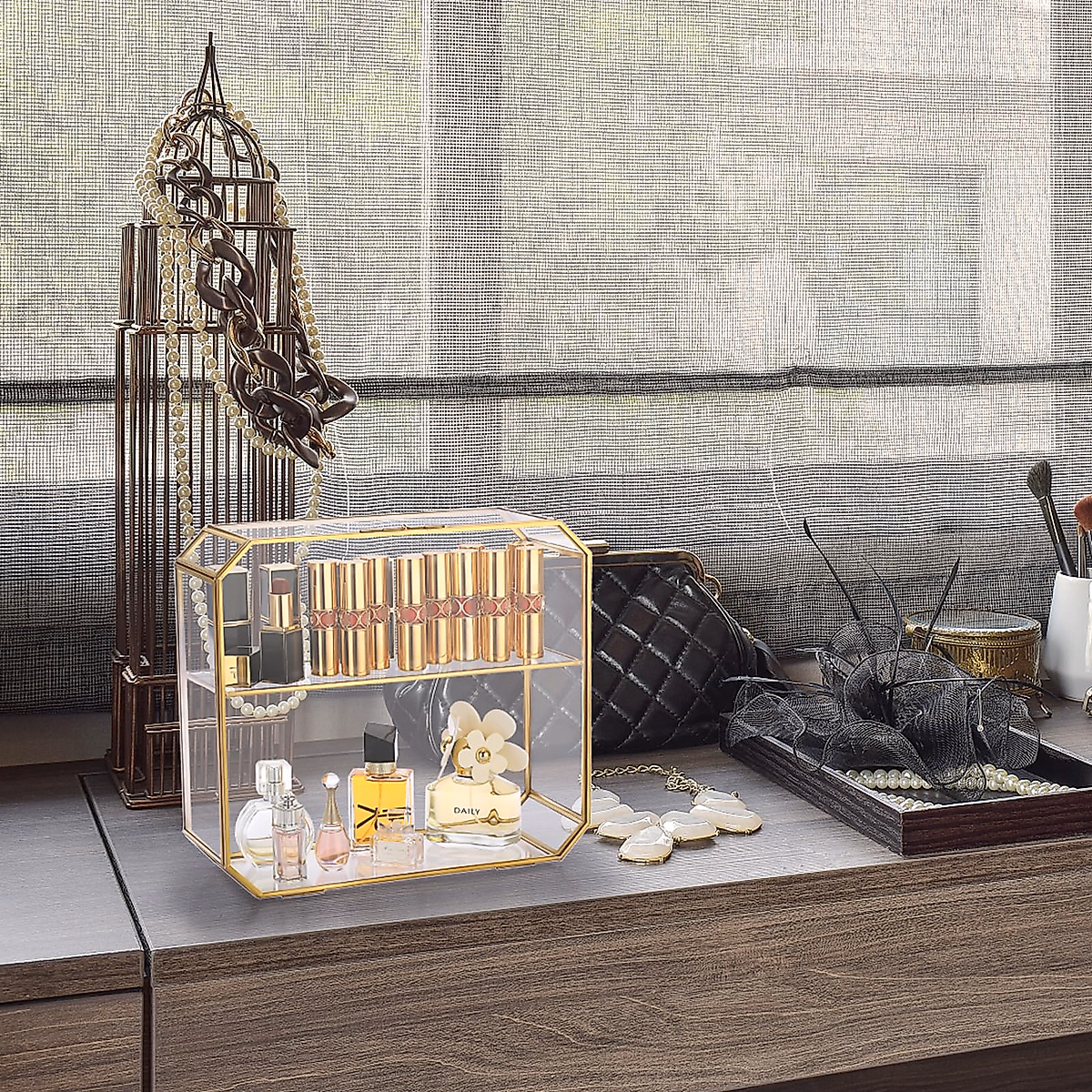 ELLDOO 2 Tier Clear Glass Storage Box, Gold Jewelry Makeup Display Organizer Case, Decorative Tower Box Storage for Trinket Perfume Lipstick Figure Statue Toy Display