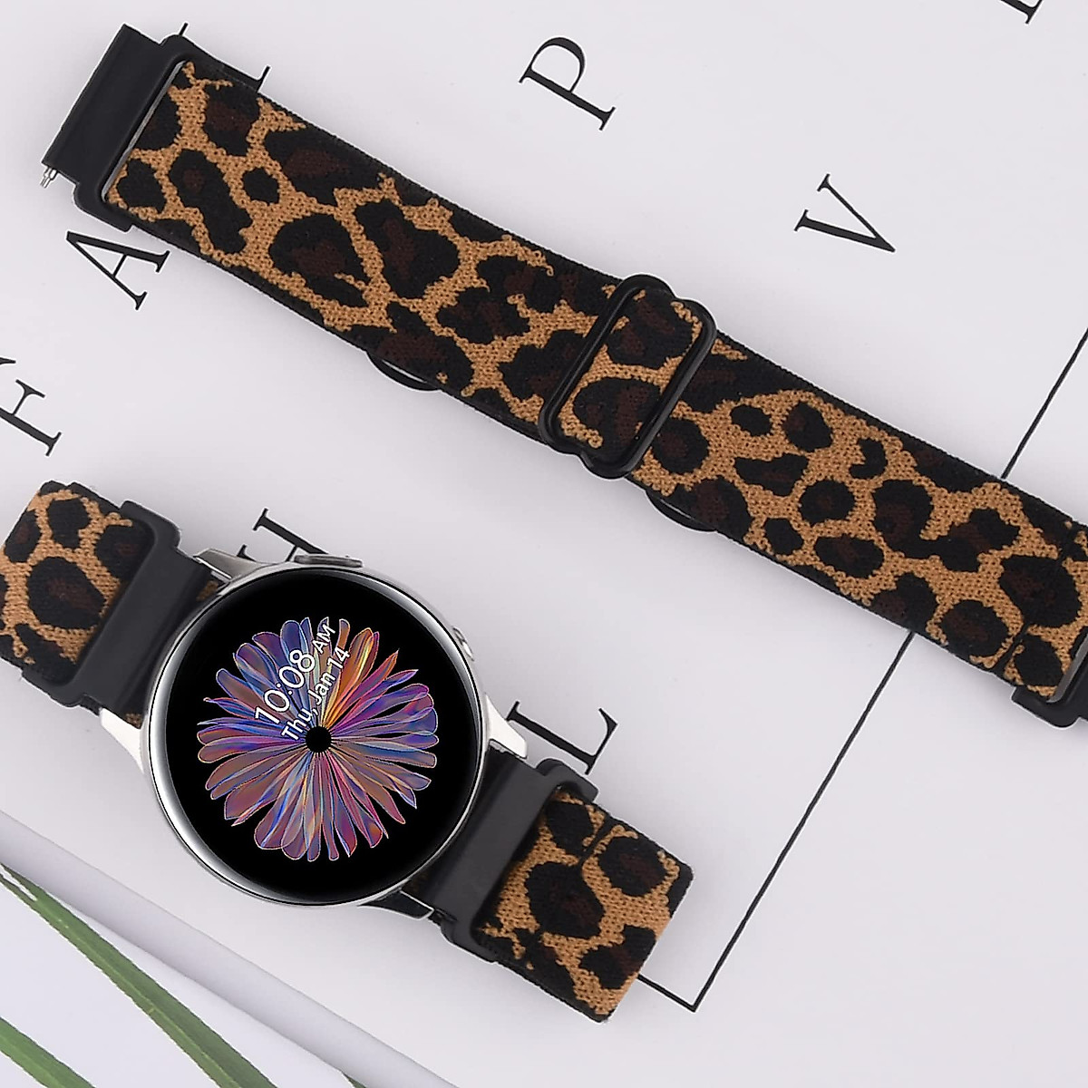 Wanme Elastic Bands for Samsung Galaxy Watch 4 40mm 44mm, Galaxy Watch 4 Classic 42mm 46mm, Galaxy Active 2 Band, 20mm Adjustable Soft Stretch Wristband for Galaxy Watch 4/Active 2 (Leopard)