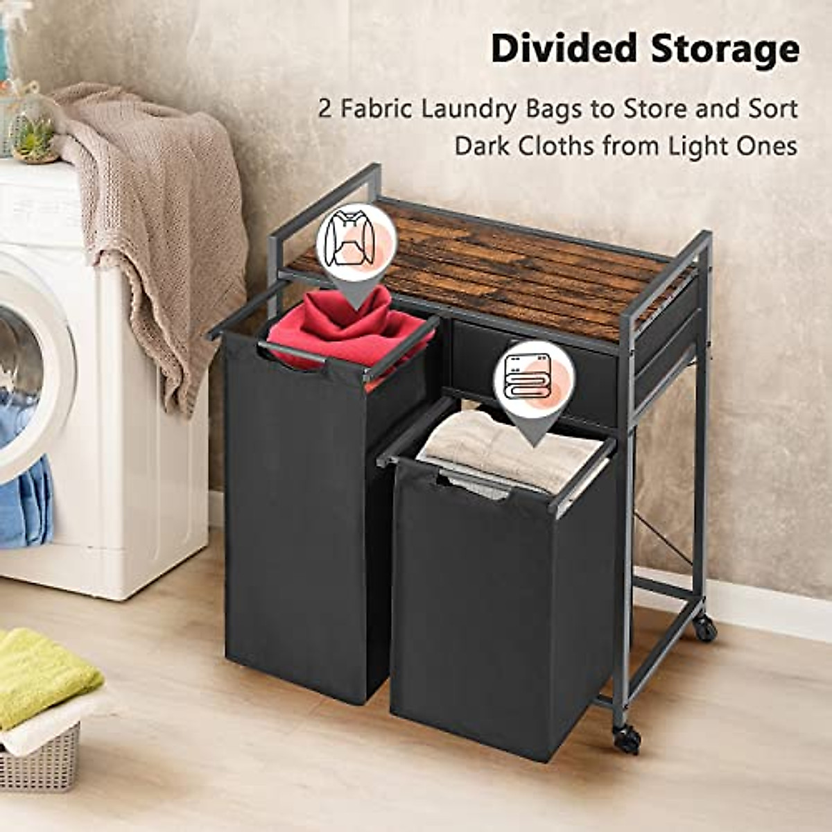 Unovivy Double Laundry Hamper with Drawer, Laundry Basket with 2 Removable Laundry Sorter Bags, Oxford Fabric, Metal Frame, Clothes Hamper for Bathroom, Dorm, Laundry Room (Rustic Brown)