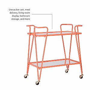 Linon Gina Coral Mid-Century Bar Cart with Mirrored Shelves and Locking Wheels