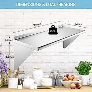 Chingoo Stainless Steel Shelf 12" x 24" - 2 Pack 250 lb Wall Mounted Commercial Stainless Steel Shelves Metal Shelving for Restaurant, Bar, Utility Room, Kitchen and Garage