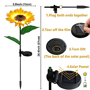 Solar Powered Sunflower Lights Outdoor 2 Pack, Solar Garden Lights Like Real Sunflowers Stake Flower Lamp for Outside, Landscape, Yard, Pathway, Patio, Christmas Decor (2 Sunflowers)