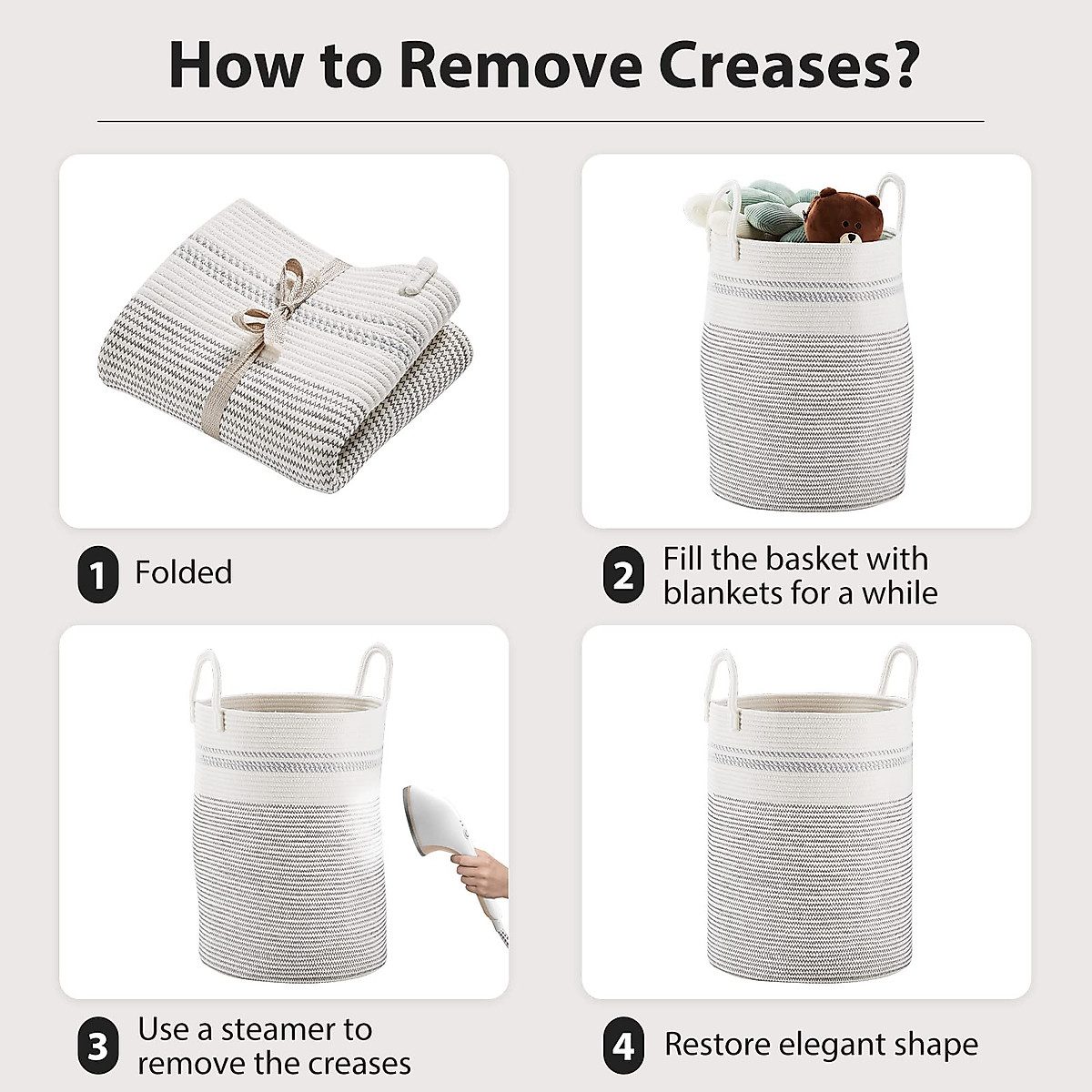 Fiona's magic 58L Woven Rope Laundry Hamper, Tall Boho Laundry Basket Storage, Large Baby Nursery Hamper for Blankets, Toys and Clothes Hamper for Bedroom and Living Room Organizing, Jute, White