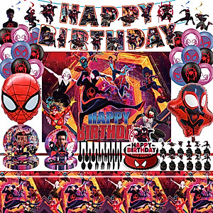 Spider Miles Morales Birthday Party Decorations, Spider Miles Party Supplies Include Birthday Banner, Balloons, Tablecloth, Plates, Cupcake Toppers, Backdrop for Black Spider Birthday
