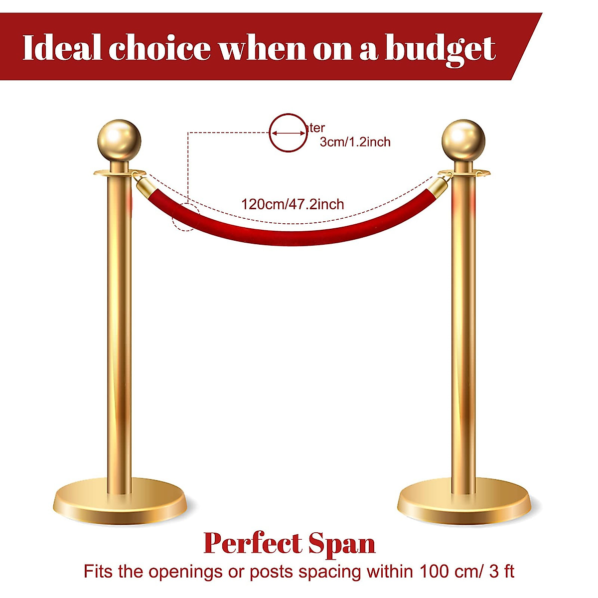 6 Pieces Velvet Stanchion Rope Bulk 4 Feet Party Crowd Control Barrier Safety Velvet Rope with Gold Hook for Movie Theater Opening, Hotel, Carpet, Not Include Stanchion Post(Red)