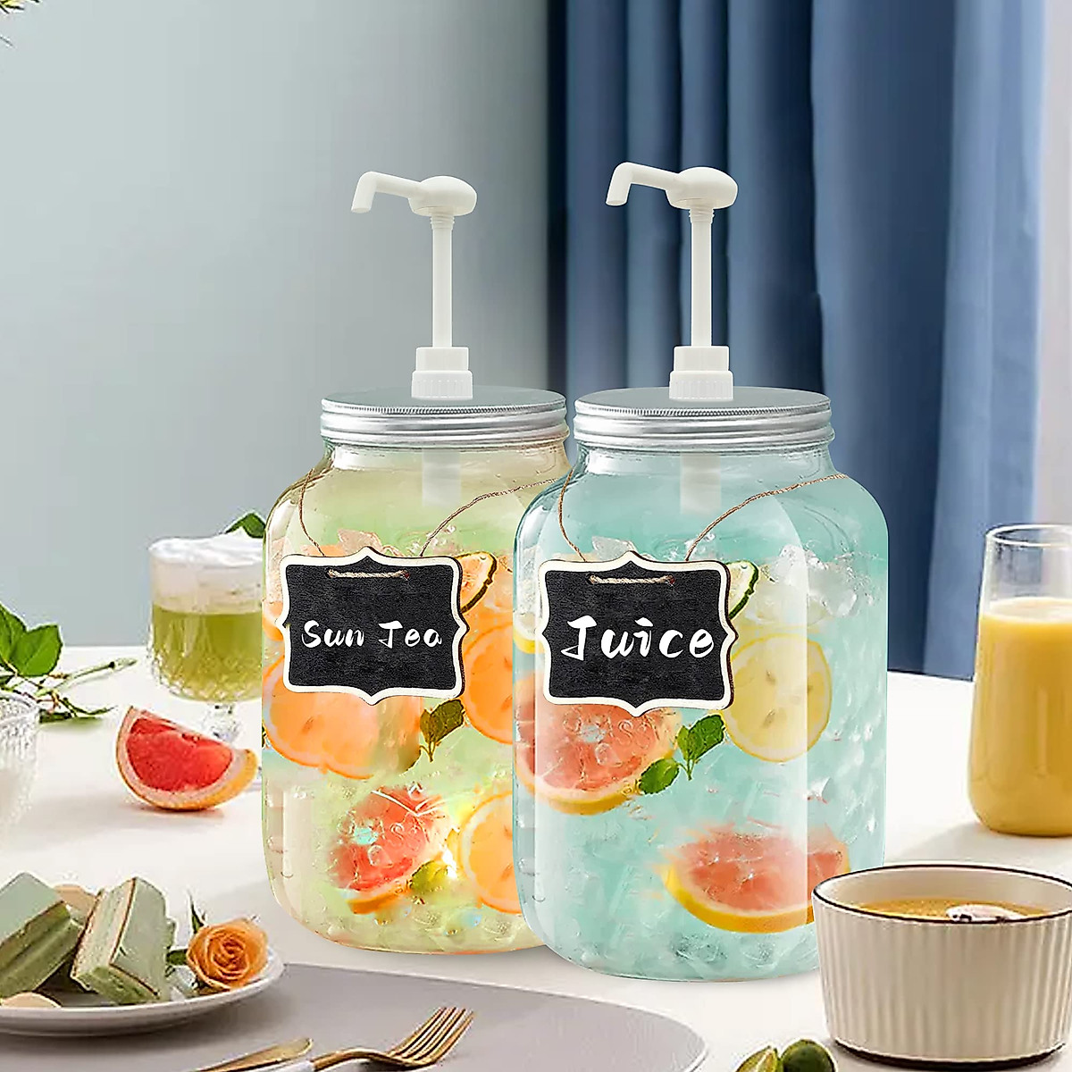 Suli Drink Dispenser for Parties, 1 Gallon 2 Pack Beverage Dispenser, Glass Juice Dispenser Countertop for Outdoor BBQ, Sun Tea, Lemonade, Mason Jar Dispenser with Pump