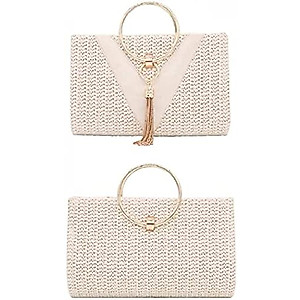 Straw Handbag Evening Bag Clutch Purses for Women,Elegant Summer Beach Tote Tassels Straw Top Handle Clutch with Chain (White)