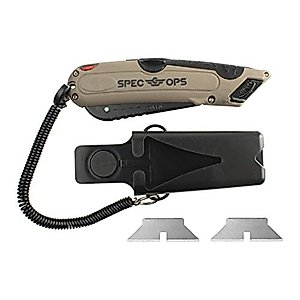 Spec Ops Tools Safety Knife Box Cutter, Includes Holster & Lanyard, 3% Donated to Veterans, black/tan