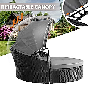 Crownland Outdoor Furniture Patio Canopy Bed Round Daybed Include Retractable Canopy, Washable Cushions for Backyard, Porch, Poolside (Black)