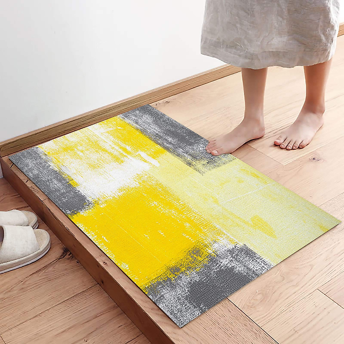 Kitchen Rugs and Mats Non-Slip Cushioned Anti-Fatigue Kitchen Rug with Runner Set of 2, Yellow Gray Modern Abstract Art Painting Graffiti Design Kitchen Mats for Floor 15.7x23.6inch+15.7x47.2inch