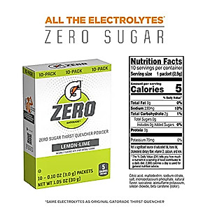 Gatorade G Zero Powder, Lemon Lime, 0.10oz Packets, 10 Count (Pack of 12)