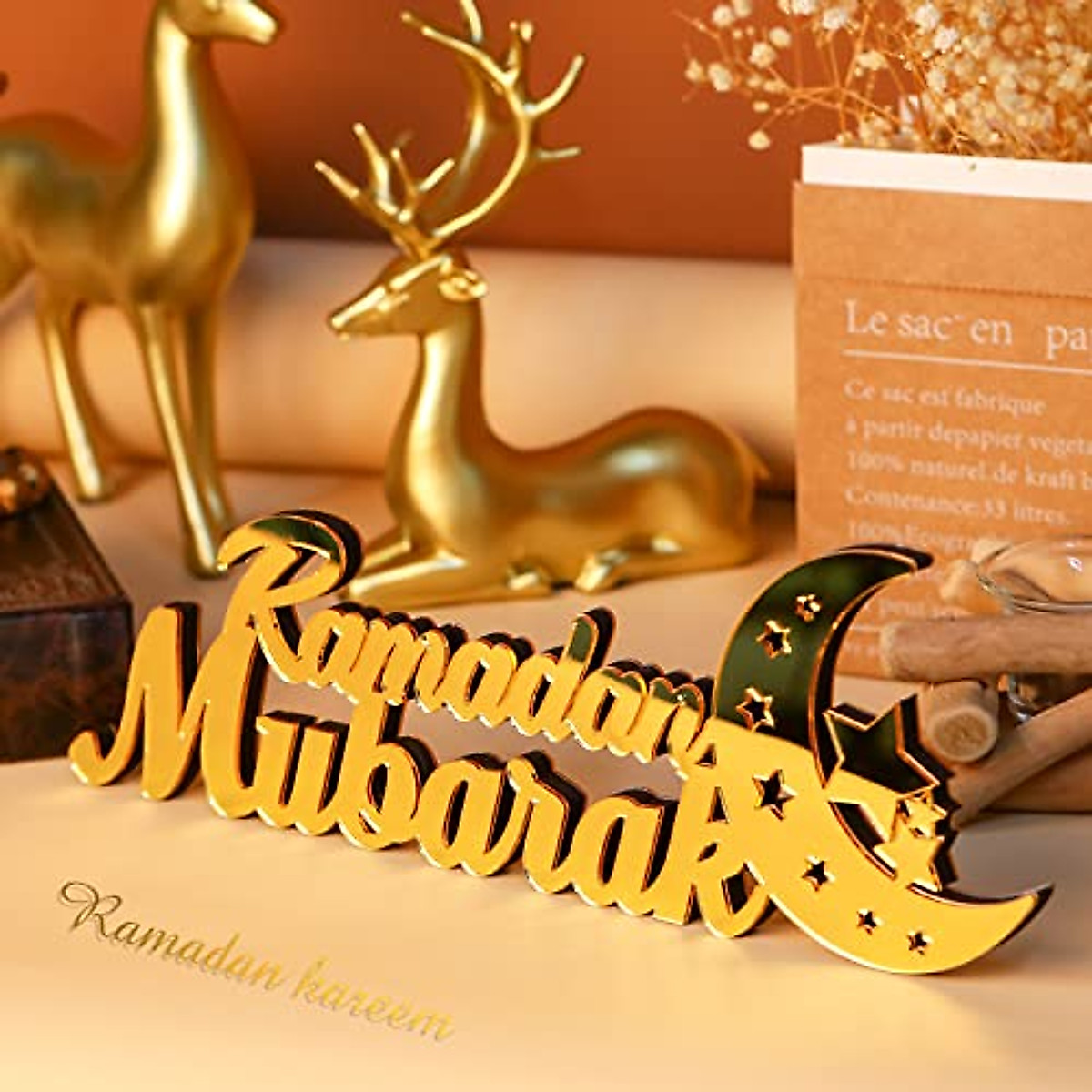 Islamic Tabletop Decors Ramadan Mubarak Sign Ramadan Kareem Sign Eid Decoration Islamic Home Decor Ramadan Gifts Wooden Letter Ramadan Table sign Eid Mubarak Tabletop decor for Desk (Ramadan Mubarak)