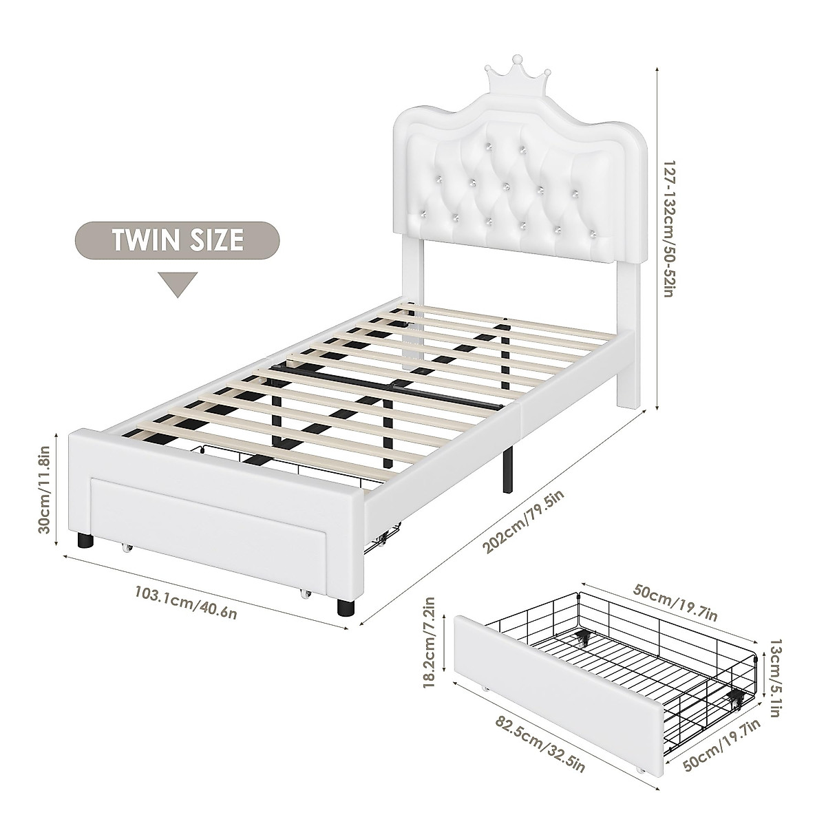 Keyluv Twin Upholstered LED Bed Frame with Storage Drawer, Leather Princess Platform Bed with Adjustable Crystal Button Tufted Crown Headboard, Solid Wooden Slats Support, No Box Spring Needed, White