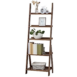 SOBIBO Ladder Shelf, 5-Tier Leaning Shelf, Free Standing Organizer Storage Shelves, Storage Rack Shelf for Office, Living Room, Brown