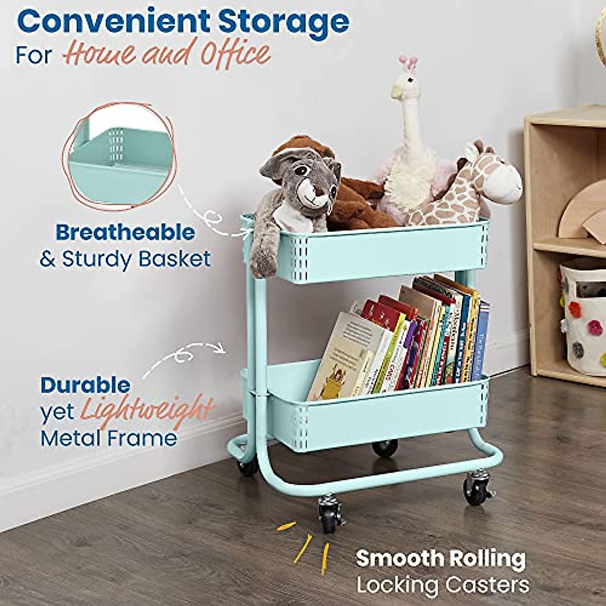 ECR4Kids 2-Tier Metal Rolling Utility Cart - Under Desk Office Storage, Multipurpose Mobile Organizer, Teal