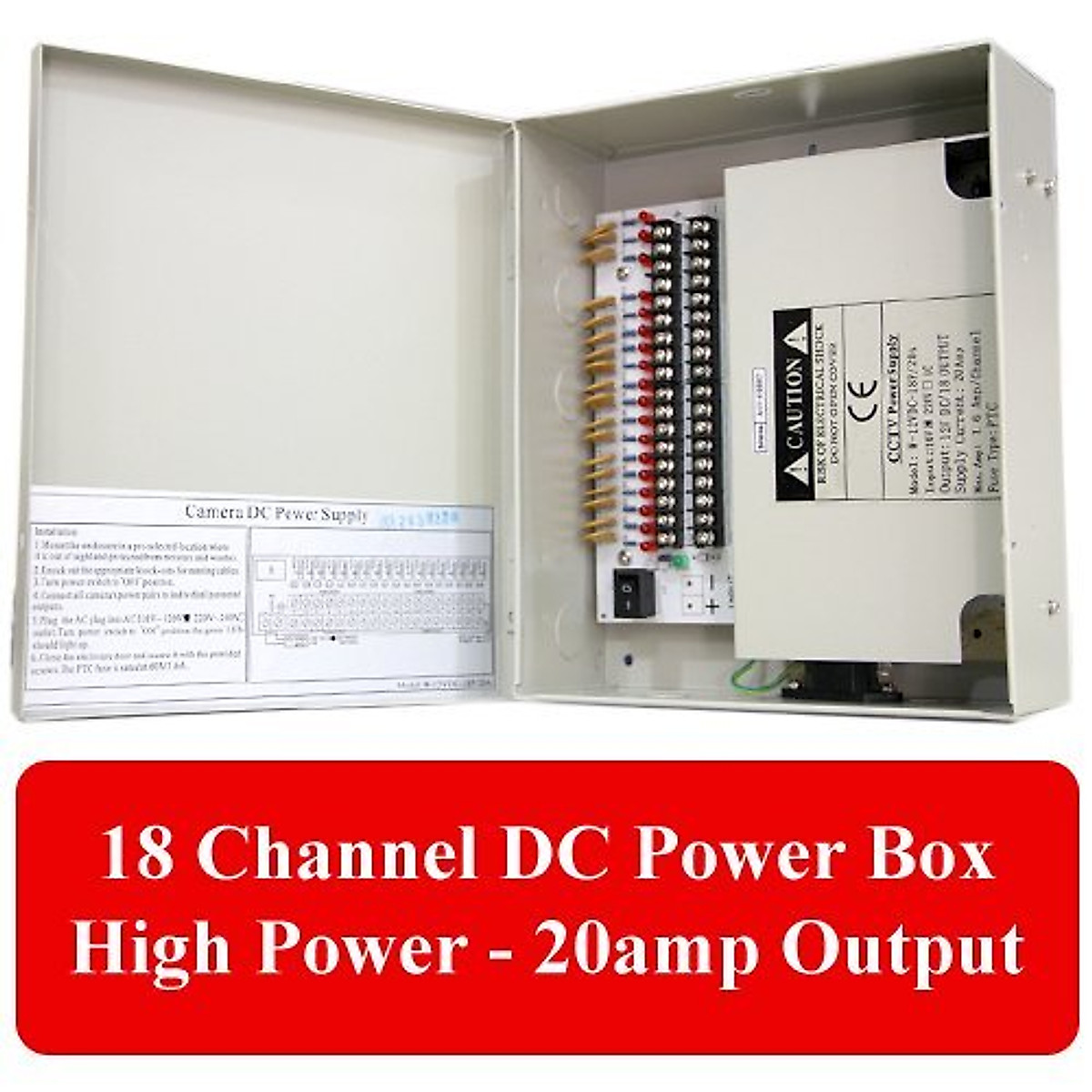 SecurityCameraKing CCTV Distribution Box 18 Channel 12V DC High Power CCTV Power Supply Distribution Box 20 Amps Output