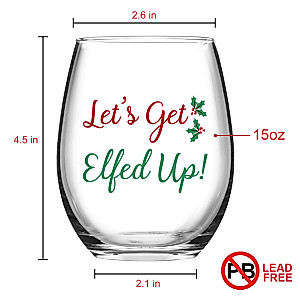Modwnfy Funny Christmas Wine Glass Set, Let's Get Elfed Up Xmas Stemless Wine Glass for Women Friends Family Coworker, Good Wine Glasses for Christmas Wedding Birthday Party, Set of 4 (15 Oz)