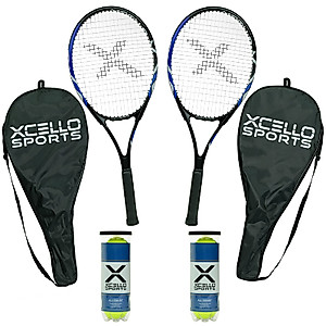 Xcello Sports 27" Aluminum Racket Set (Blue/Black) with 2 Tubes of Tennis Balls and 2 Covers
