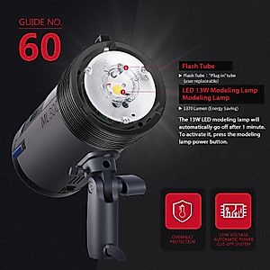 Neewer ML300 300W Outdoor Studio Flash Strobe Li-ion Battery-Powered Monolight with 2.4GHz Wireless Trigger, 1000 Full Power Flashes, 0.4-2.5s Recycle Time, Bowens Mount, 2-Pack Li-on Battery