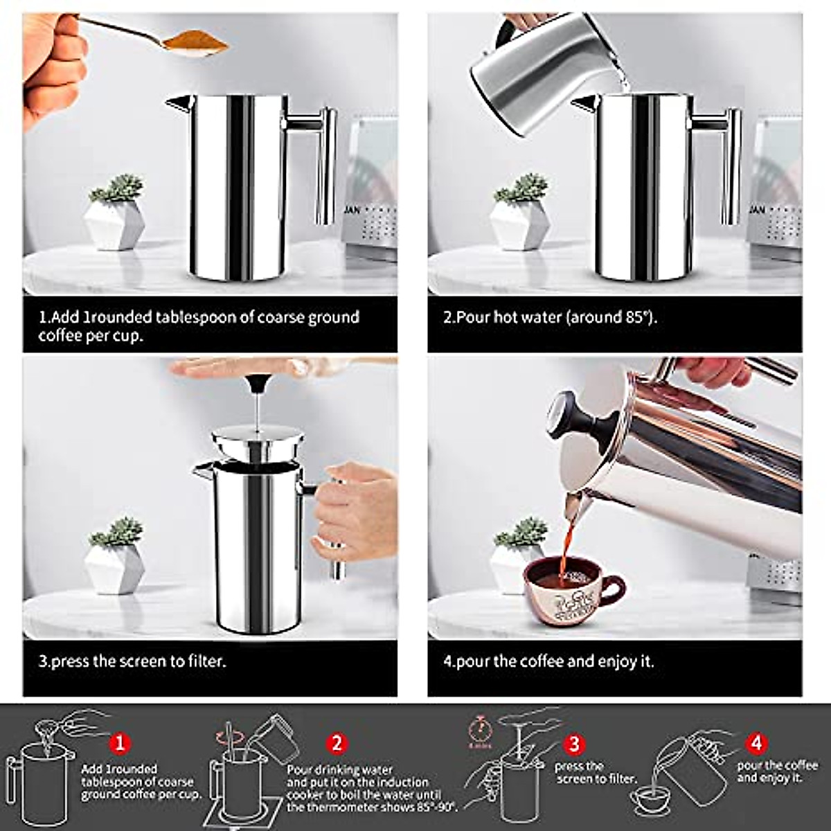 BAERFO French Press Coffee Maker, 304 Grade Stainless Steel Insulated Coffee Press with 2 Extra Screens with 1 Thermometer, 34oz (1 Litre), Silver