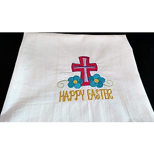 Easter embroidered tea towel, cross with flowers, flour sack towel, dish towel, spring kitchen decor