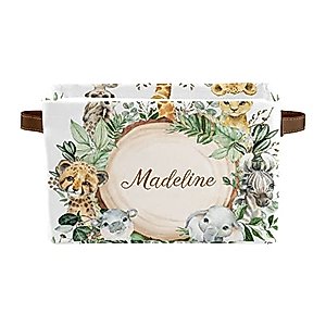 Safari Wild Jungle Animals Personalized Storage Basket ,Custom Storage Bins Cubes Organizer with Handle for Bedroom Wardrobe,Nursery,Basket 1 Pack