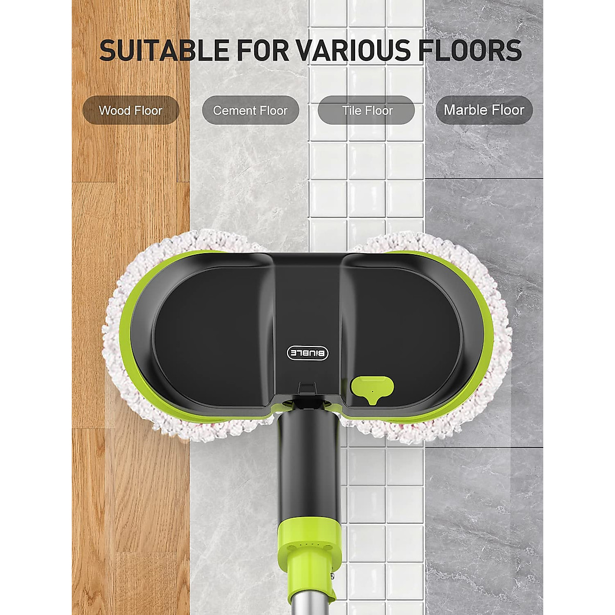BIUBLE Cordless Electric Mop, Dual Spin Mops for Floor Cleaning, LED Headlight / Stand-Free / Water Sprayer, Rechargeable Scrubber Cleaner Mops with 300ML Water Tank for Multi Floors, Self-Propelled