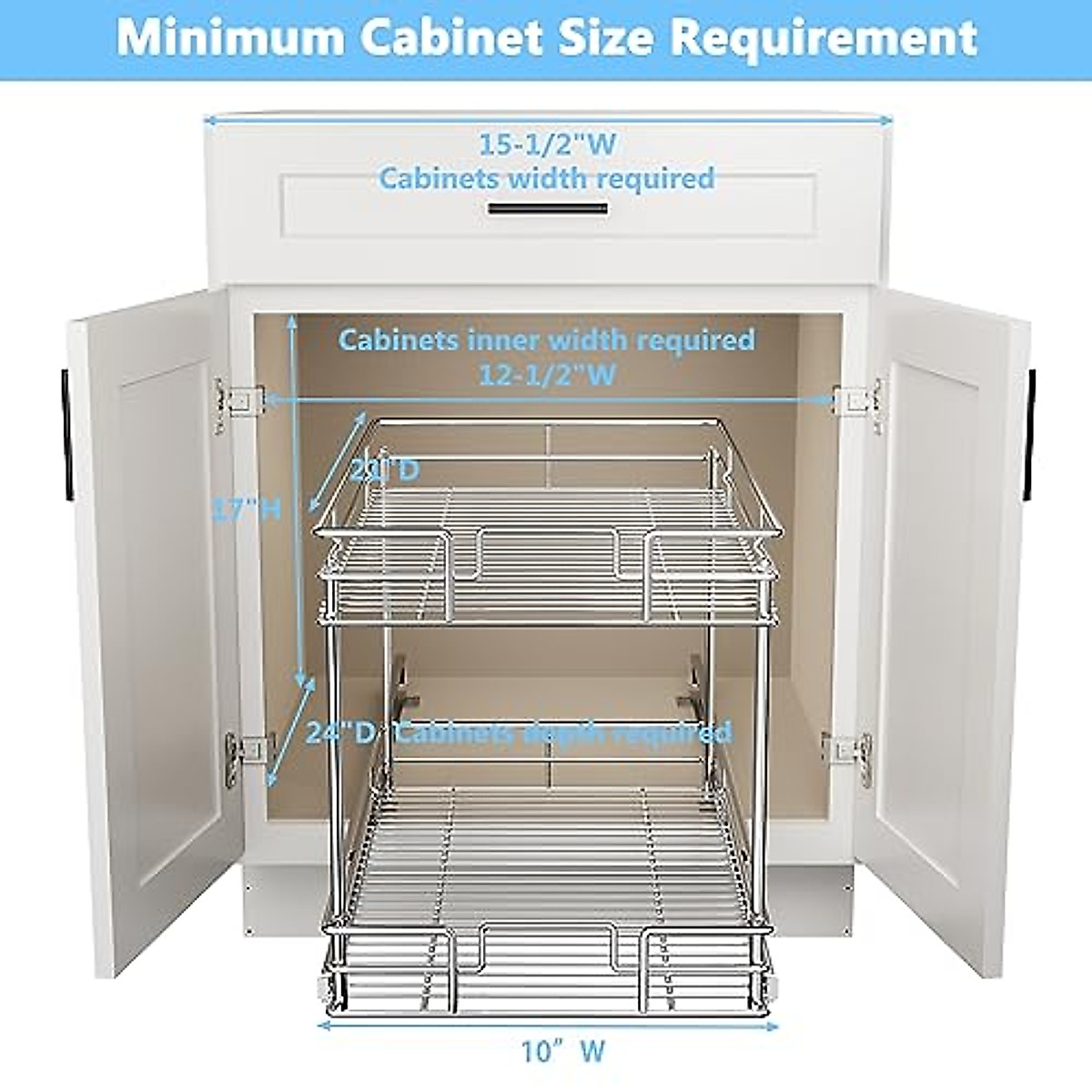 ROOMTEC New Version Pull Out Cabinet Organizer for Base Cabinet (11" W X 21" D), Kitchen Cabinet Organizer and Storage 2-Tier Cabinet Pull Out Shelves Under Cabinet Storage for Kitchen Silver,Chrome