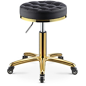Little Poor Rolling Stool Swivel Salon Beauty Chair Adjustment Hairdresser Round Leather Cushion with Wheels and Gold Stainless Steel Base for Spa Work Office Massage Manicure Tattoo Task Chair,Black
